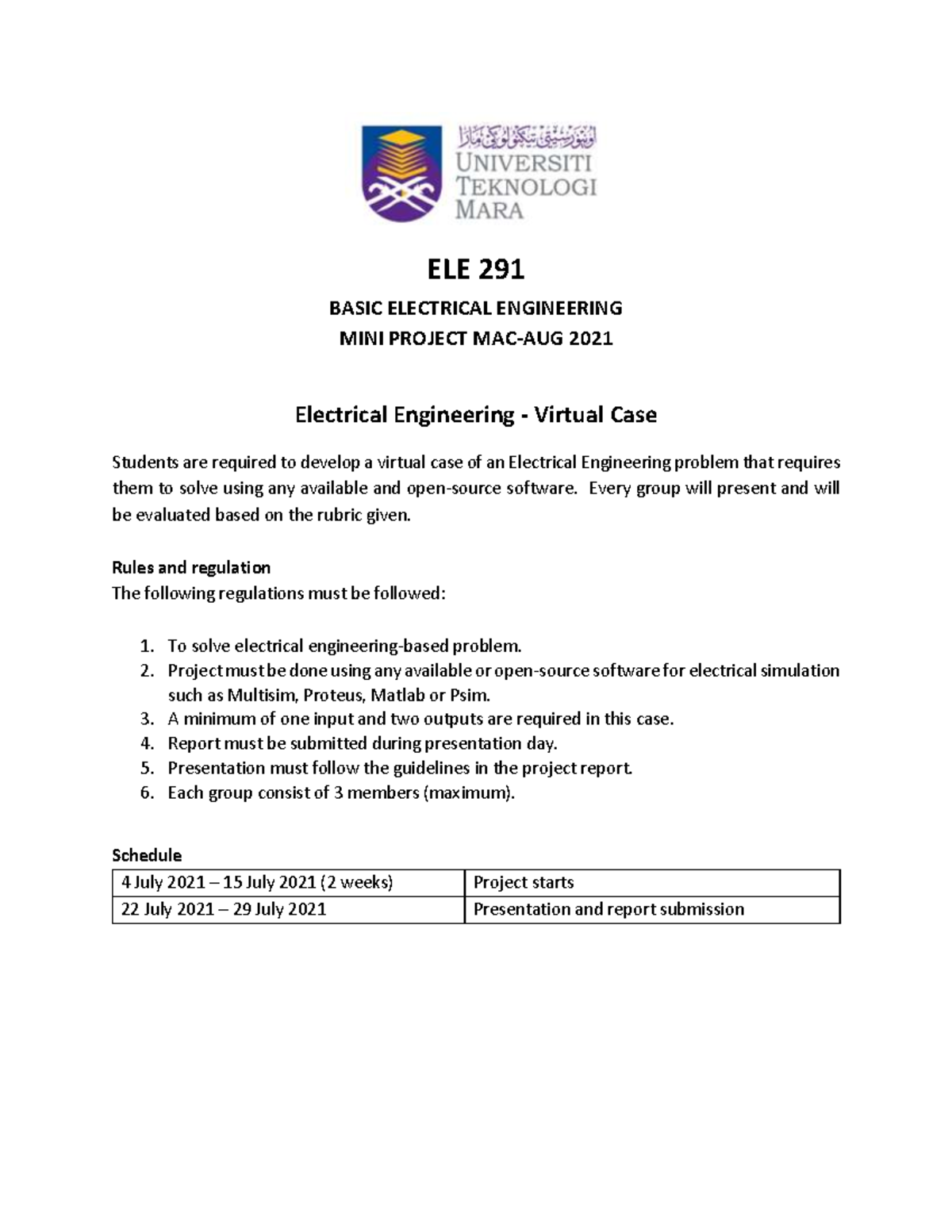 ELE291 Mini project Guideline - ELE 291 BASIC ELECTRICAL ENGINEERING ...