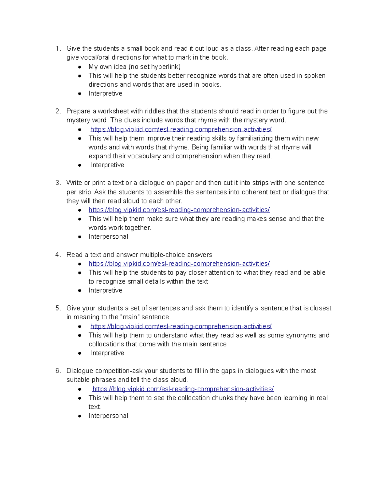 Reading activites - Activity ideas for ELLs - Give the students a small ...