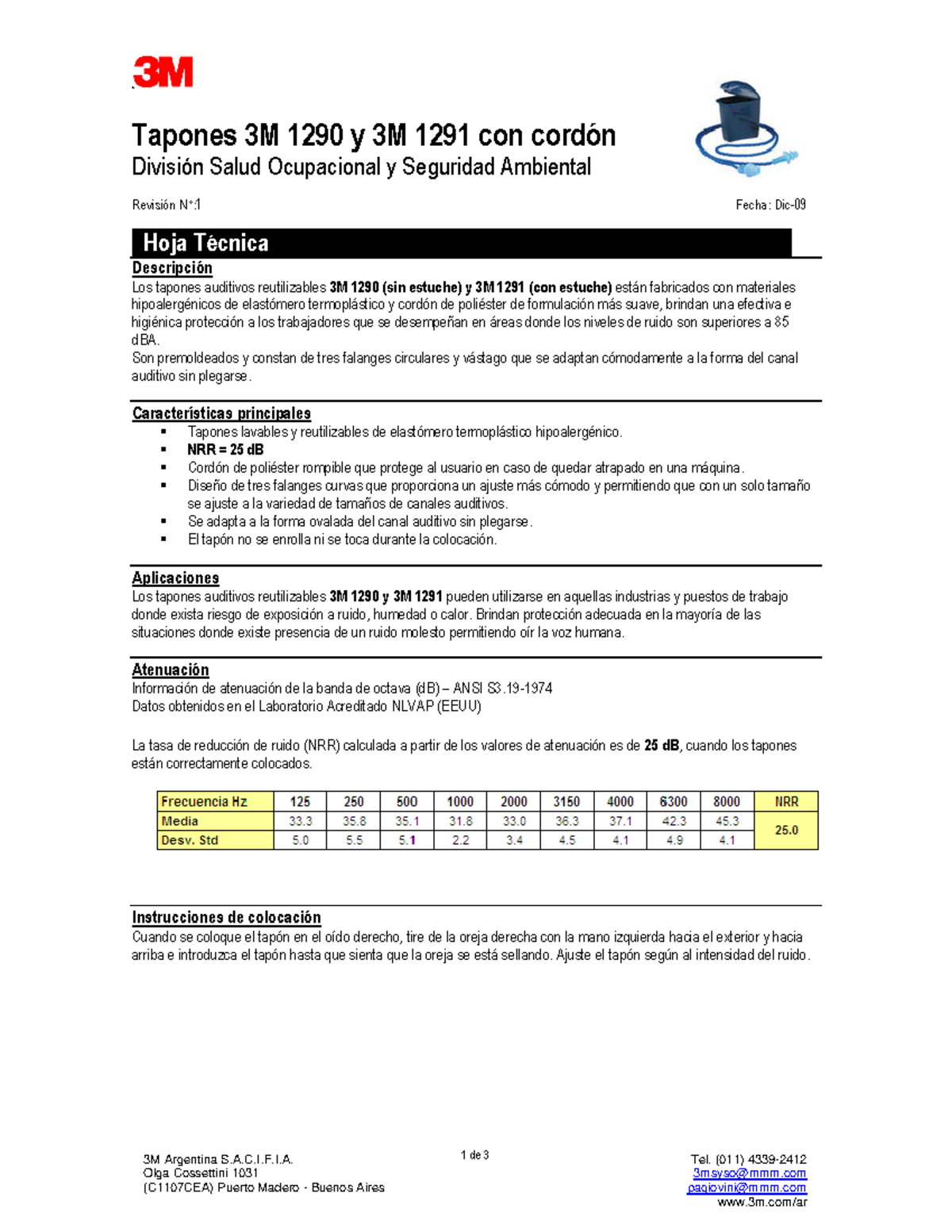 3M 1291 - FICHA - Tapones 3M 1290 y 3M 1291 con cordón División Salud Ocupacional y Seguridad ...
