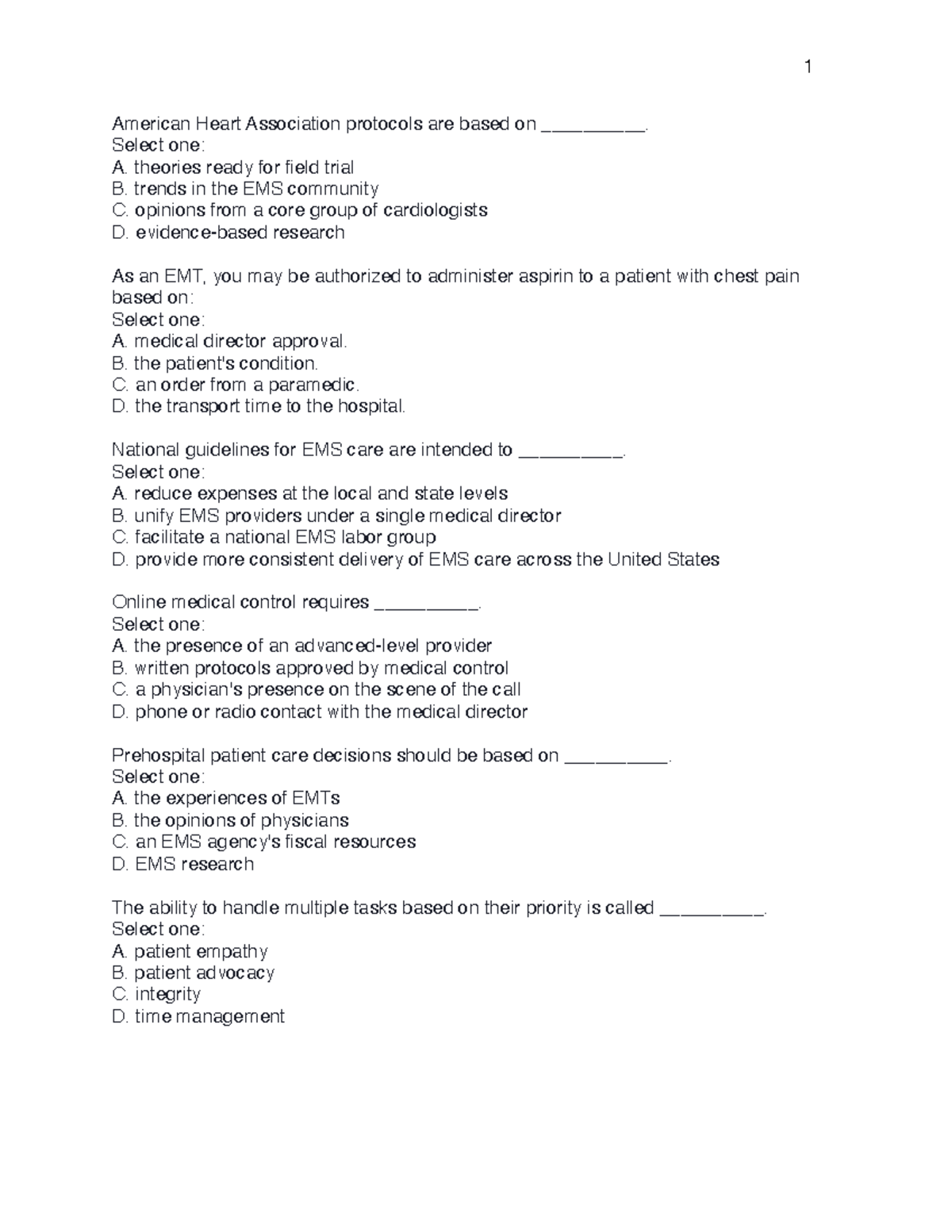 Block 1 Exam 1 - Outline - American Heart Association protocols are ...