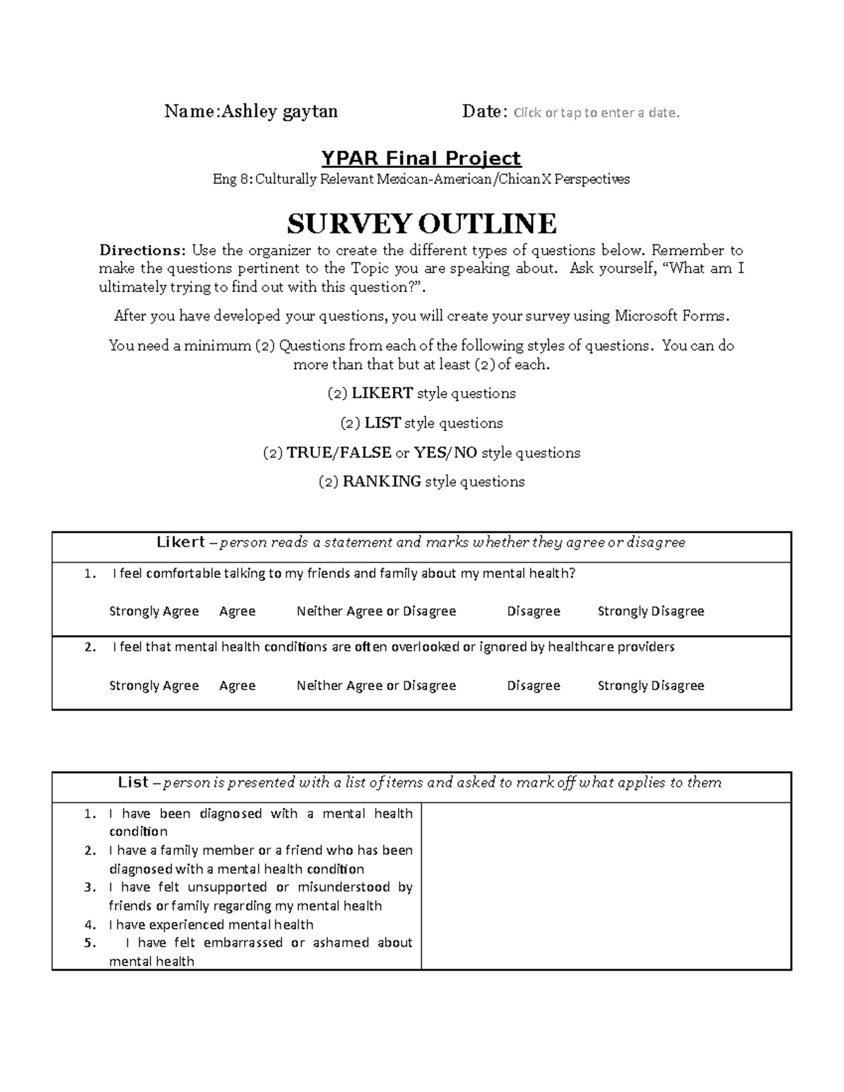 Survey - Name:Ashley gaytan Date: Click or tap to enter a date. YPAR ...