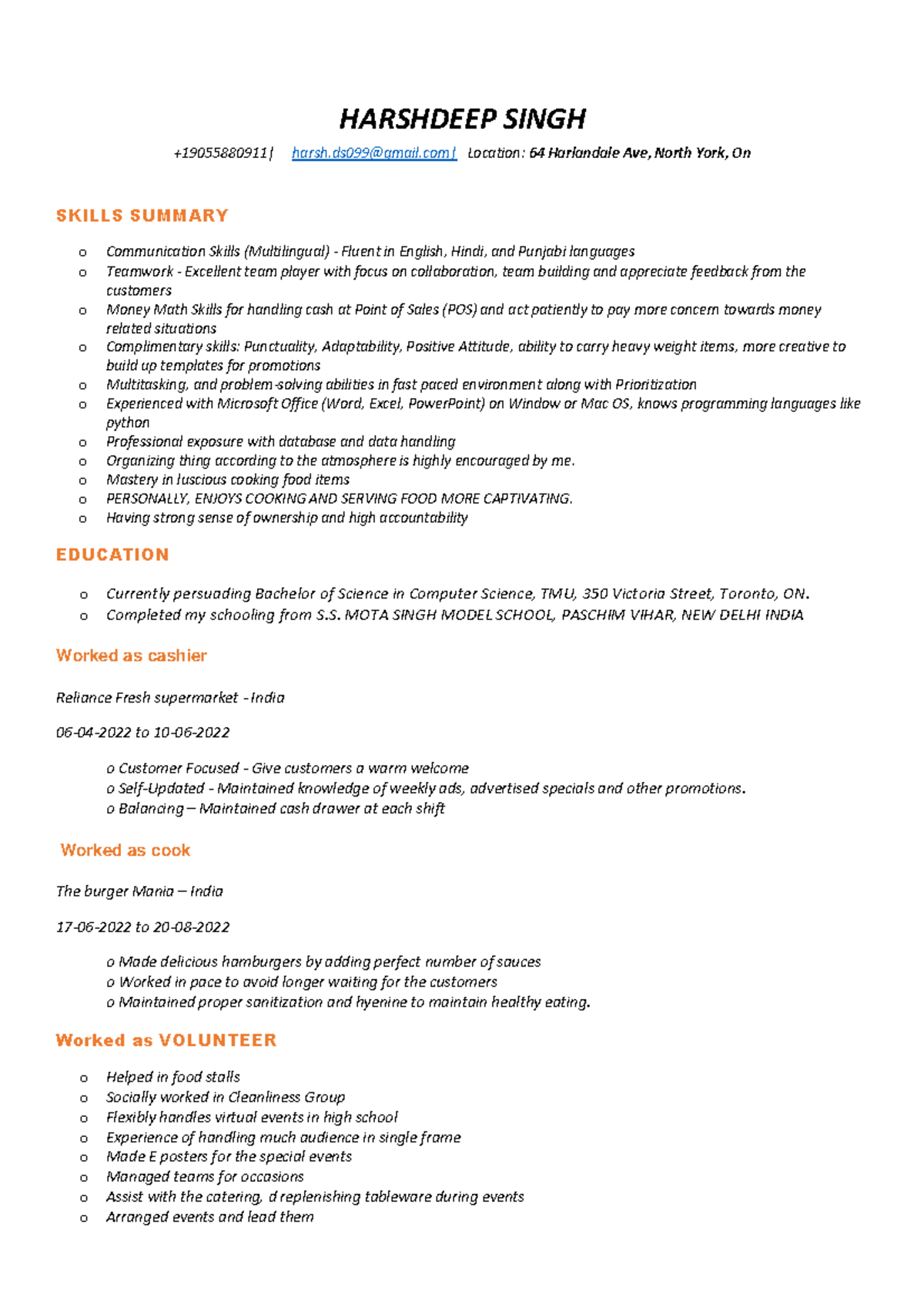 Cv RU - code - HARSHDEEP SINGH +19055880911| harsh@gmail| Location: 64 ...