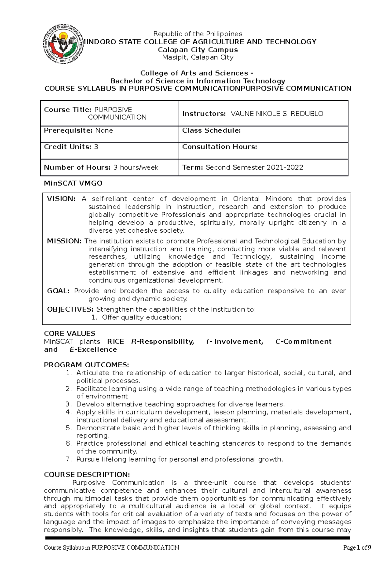 Syllabus in Purposive 20 21 - Republic of the Philippines MINDORO STATE COLLEGE OF AGRICULTURE ...
