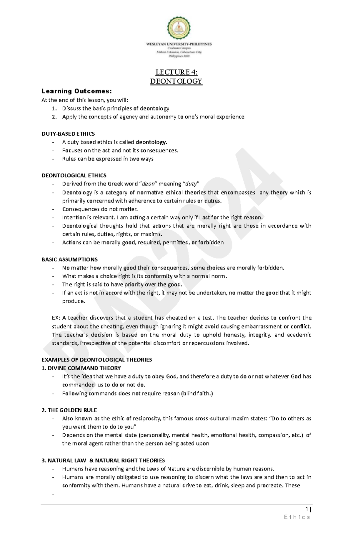 Ethics Lecture 4 - 1 | E t h i c s LECTURE 4: DEONTOLOGY Learning ...