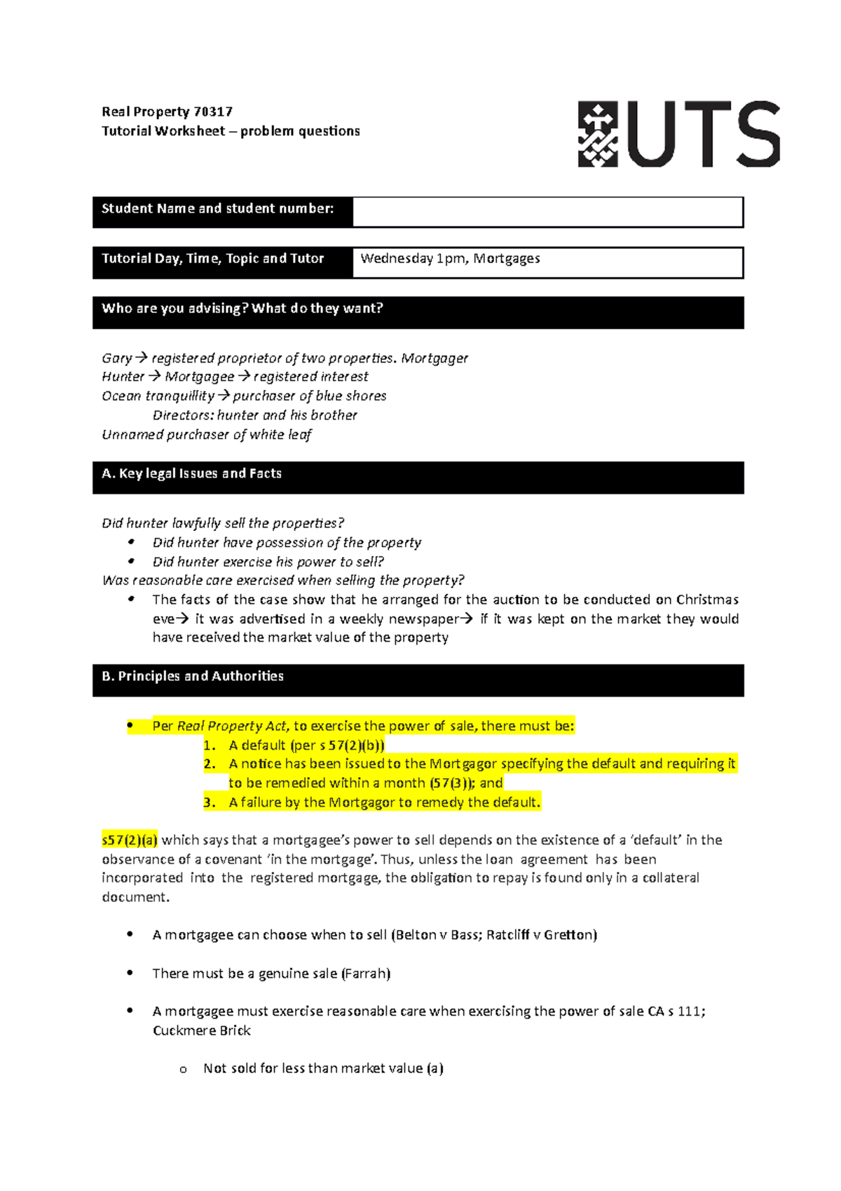 Real property Mortgages tutorial sheet - Real Property 70317 Tutorial ...