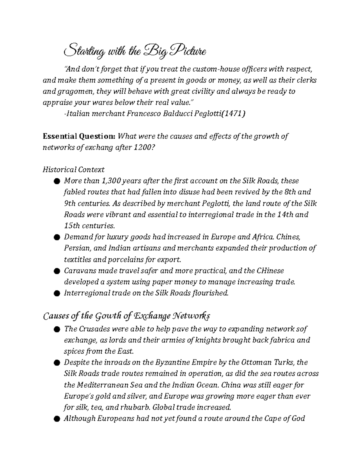 Amsco UNIT 2.1 Notes(The Silk Roads from circa 1200 to circa 1450 ...