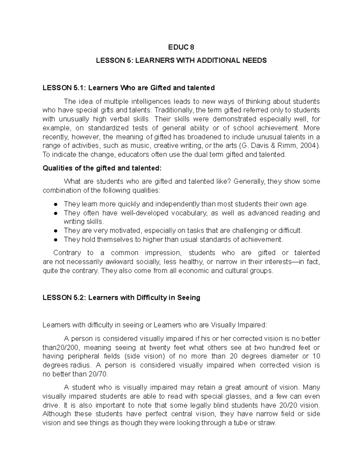 EDUC 8 - Lesson 5 - Lesson 6 - EDUC 8 LESSON 5: LEARNERS WITH ...