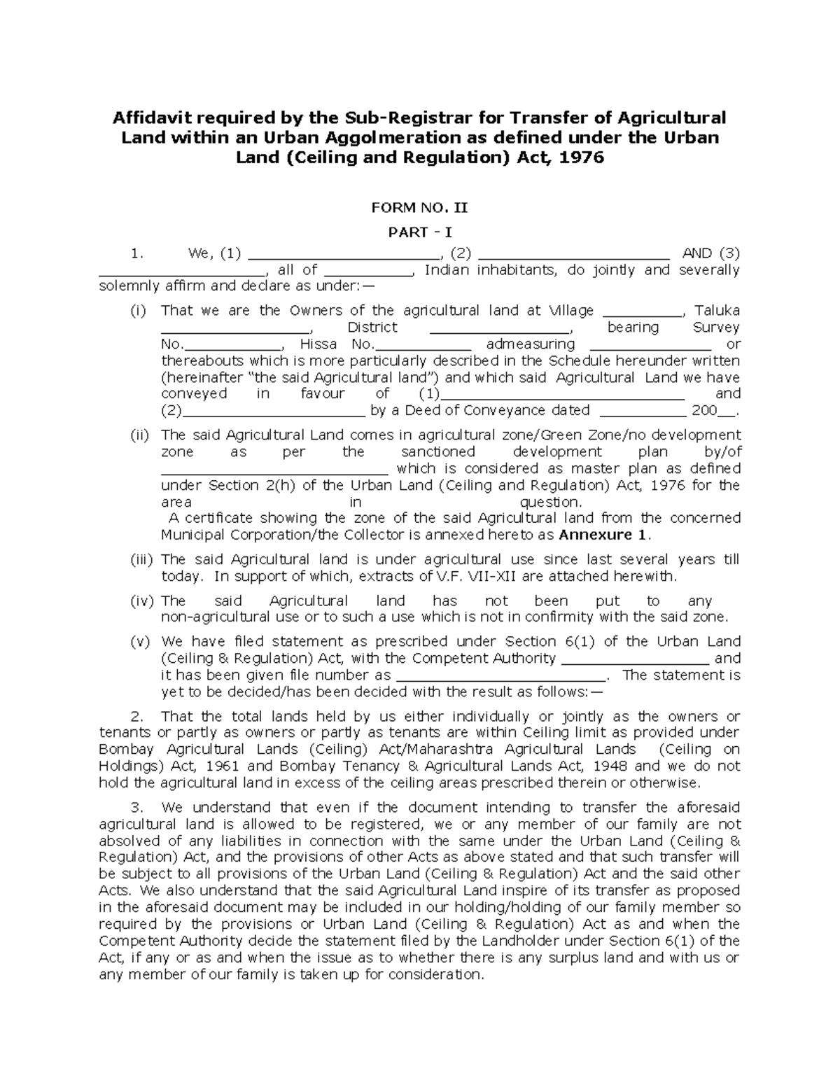 Affidavit required by the sub registrar for transfer of agricultural ...