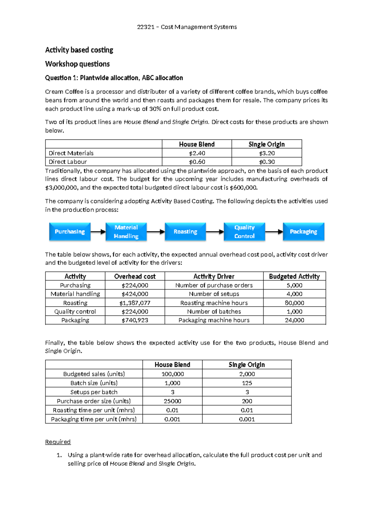 Topic 4 Workshop Questions - 22321 – Cost Management Systems Activity ...