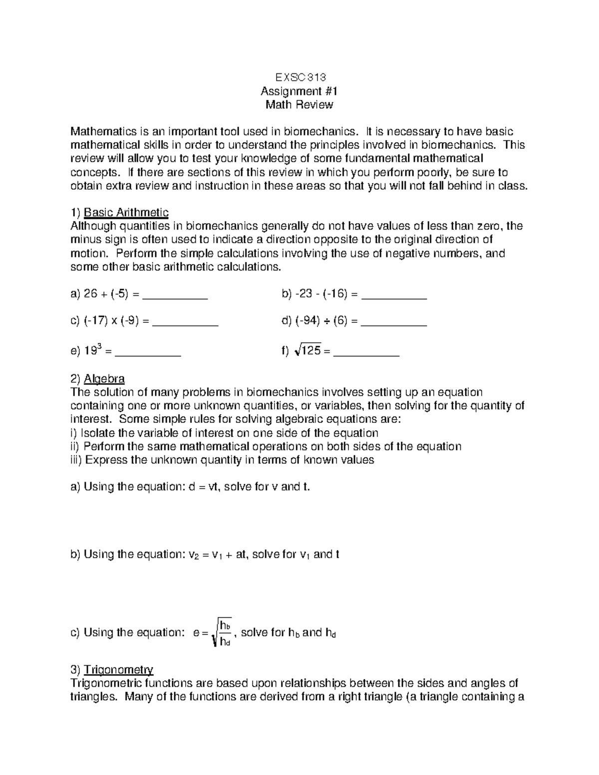 Exercise Science Math Review - EXSC151A 313 KINS Assignment Math Review ...