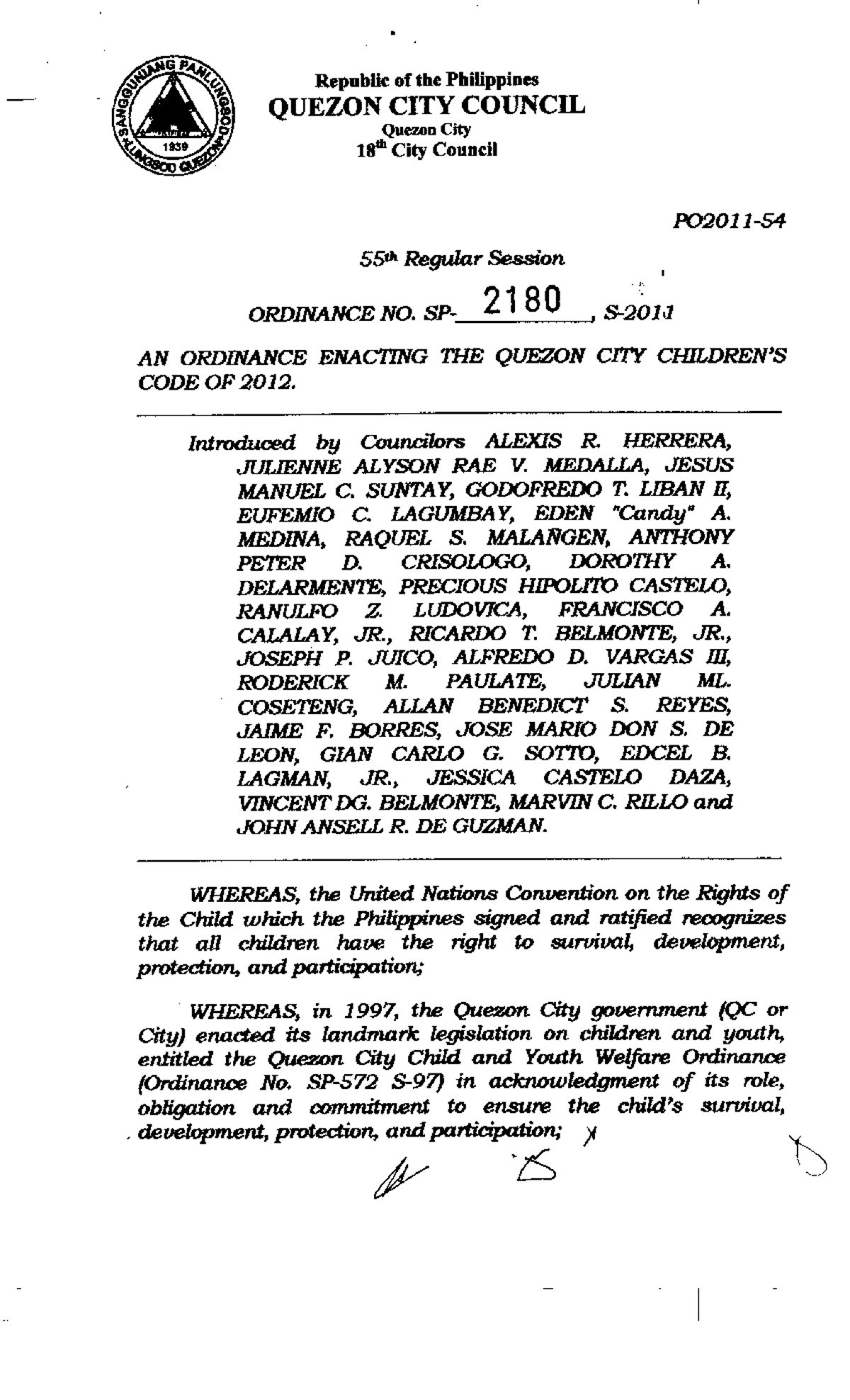 Sp-2180, s-2012-1 Ordinance Enacting the QC Children's Code - General ...