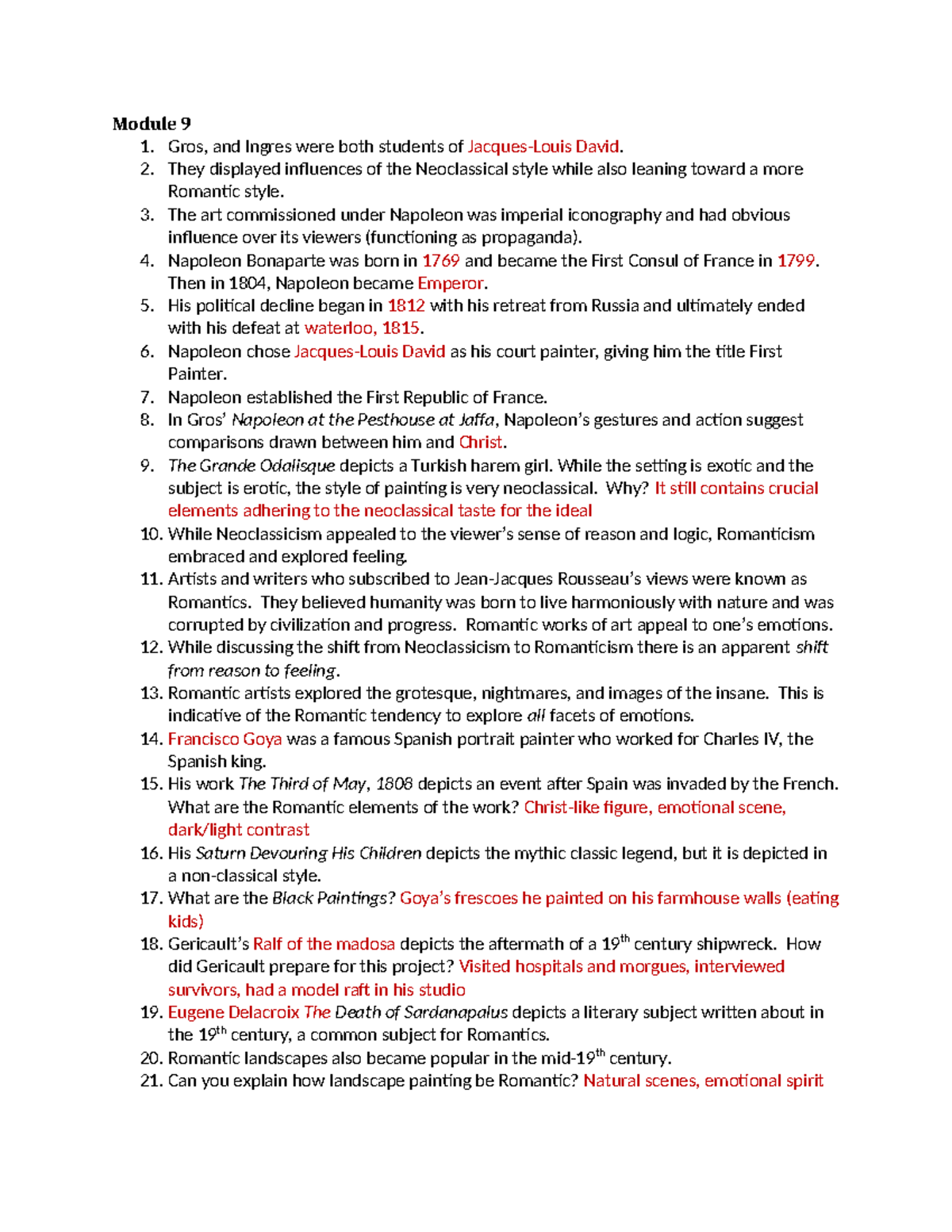 Exam 3 Study Guide - Module 9 1. Gros, and Ingres were both students of ...