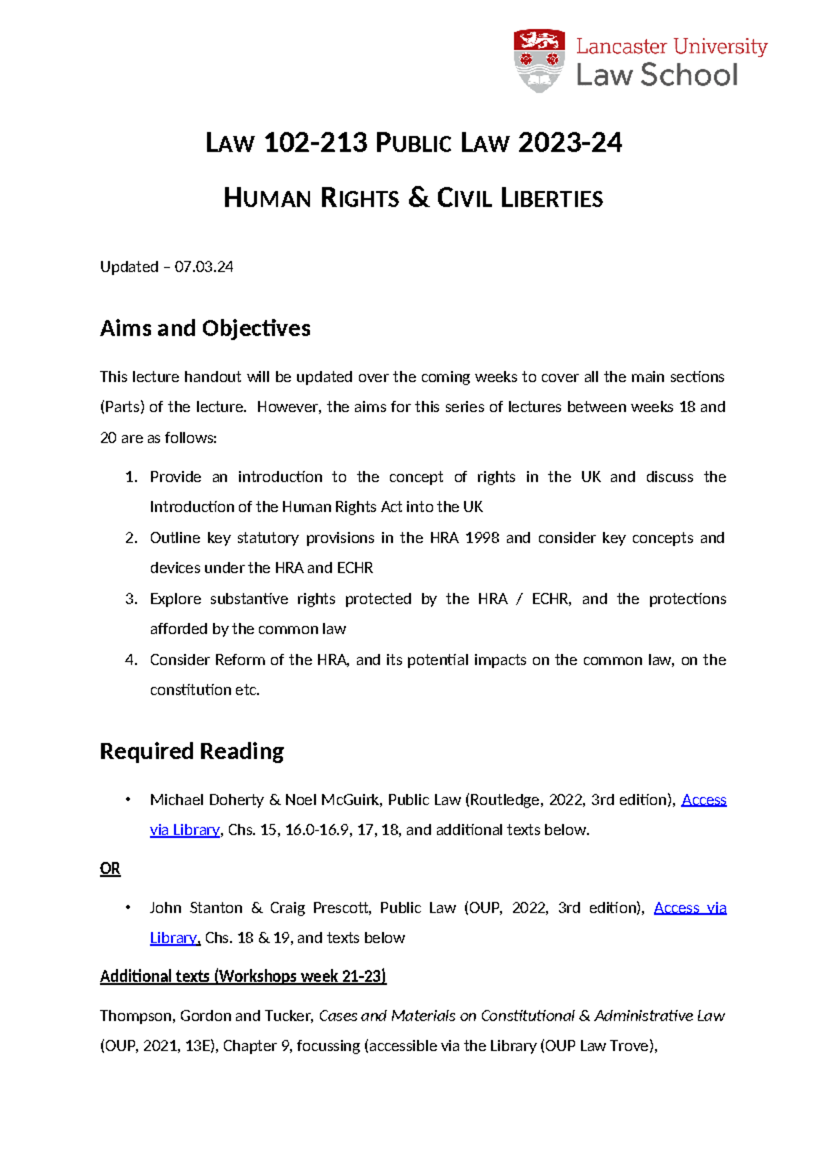 Human Rights - lecture outline (2023-24)-2 - LAW 102-213 PUBLIC LAW ...