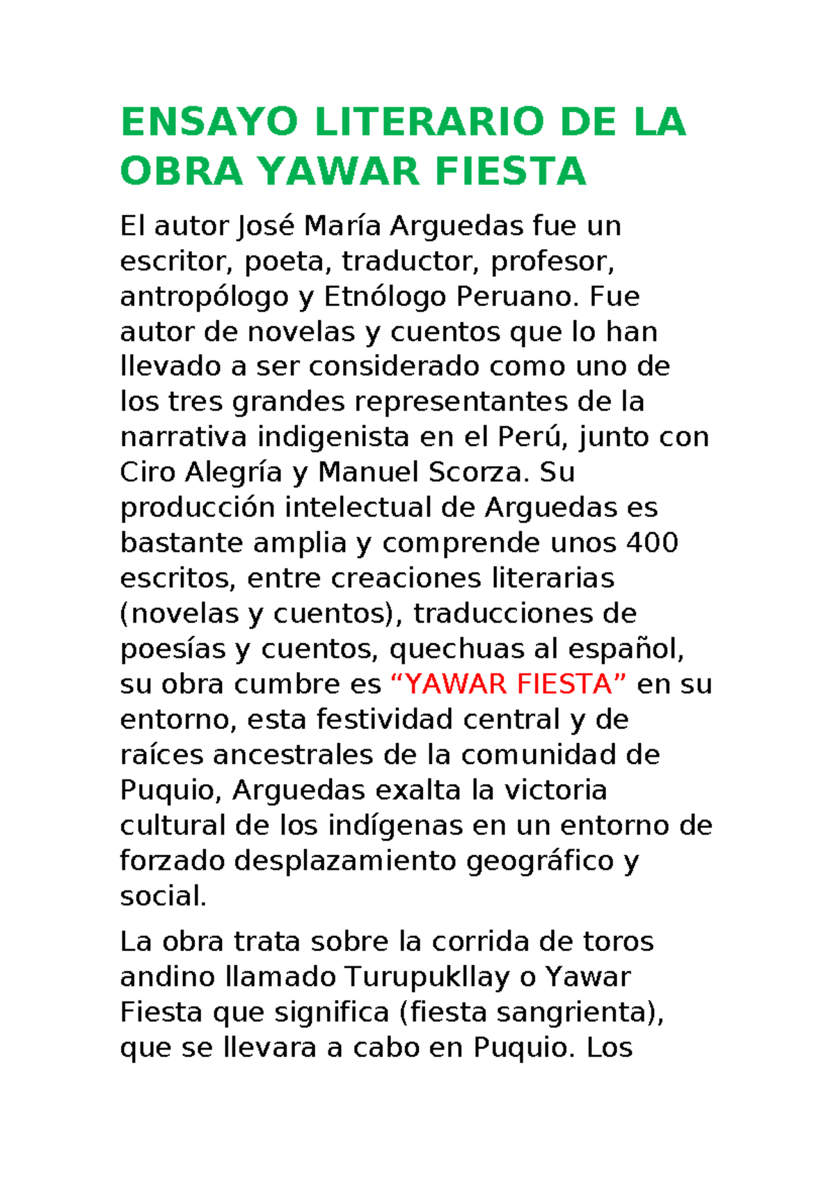 Ensayo Yawar Fiesta de Jose maria Arguedas - ENSAYO LITERARIO DE LA OBRA YAWAR FIESTA El autor ...