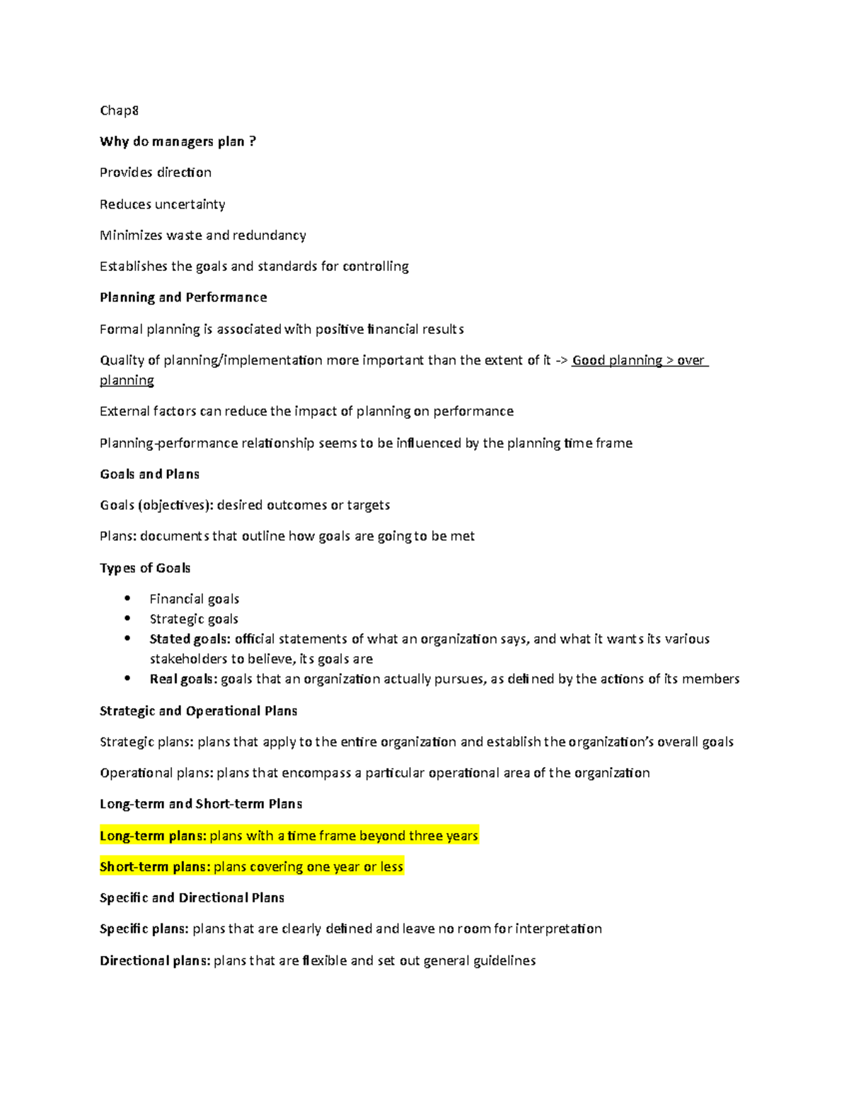 PM8 + 9 - PM note - Chap Why do managers plan? Provides direction ...
