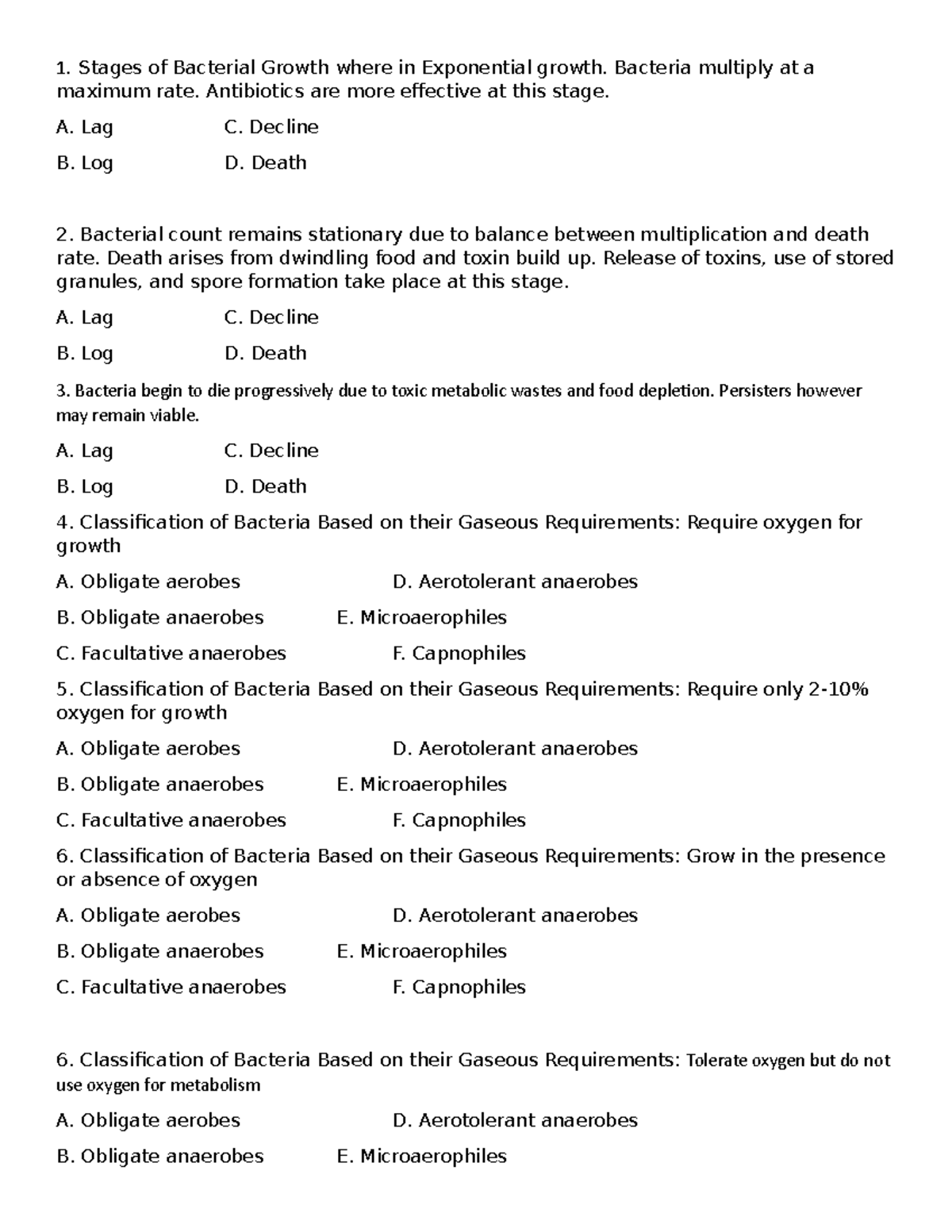 Microbio Questions - Stages of Bacterial Growth where in Exponential ...