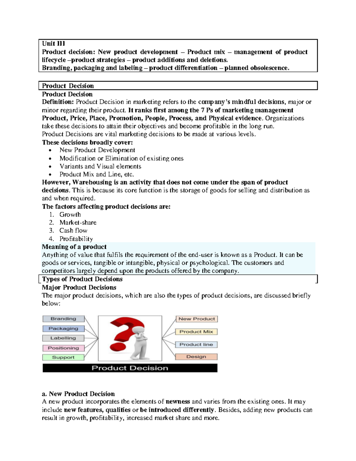 M M- Unit III- Product decision - Unit III Product decision: New product development – Product ...