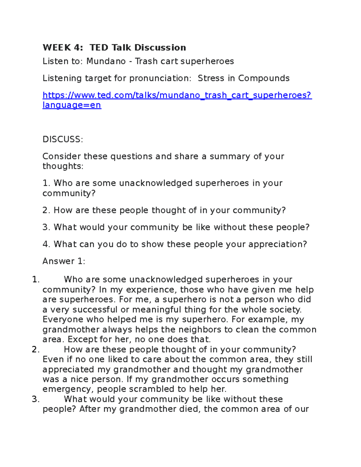 WEEK 4 TED Talk Discussion - WEEK 4: TED Talk Discussion Listen to ...