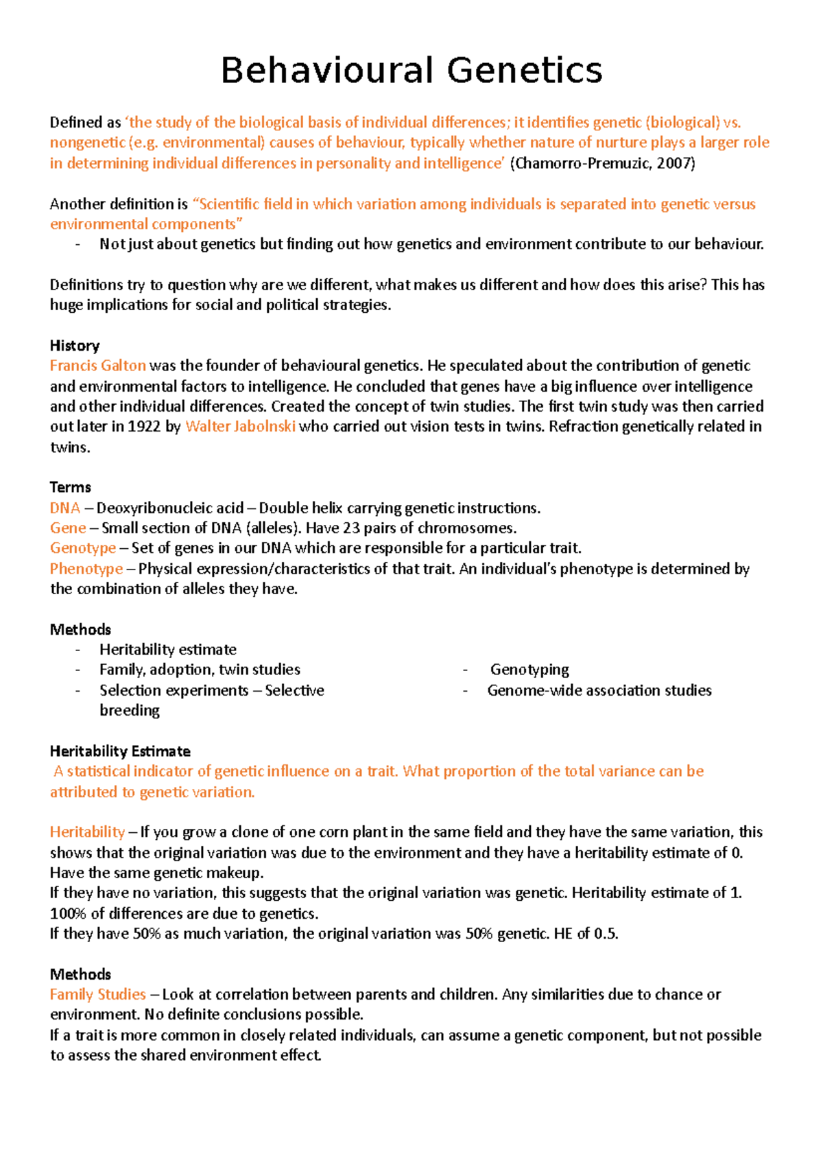Lecture 9 -Behavioural Genetics - Behavioural Genetics Defined as ‘the ...