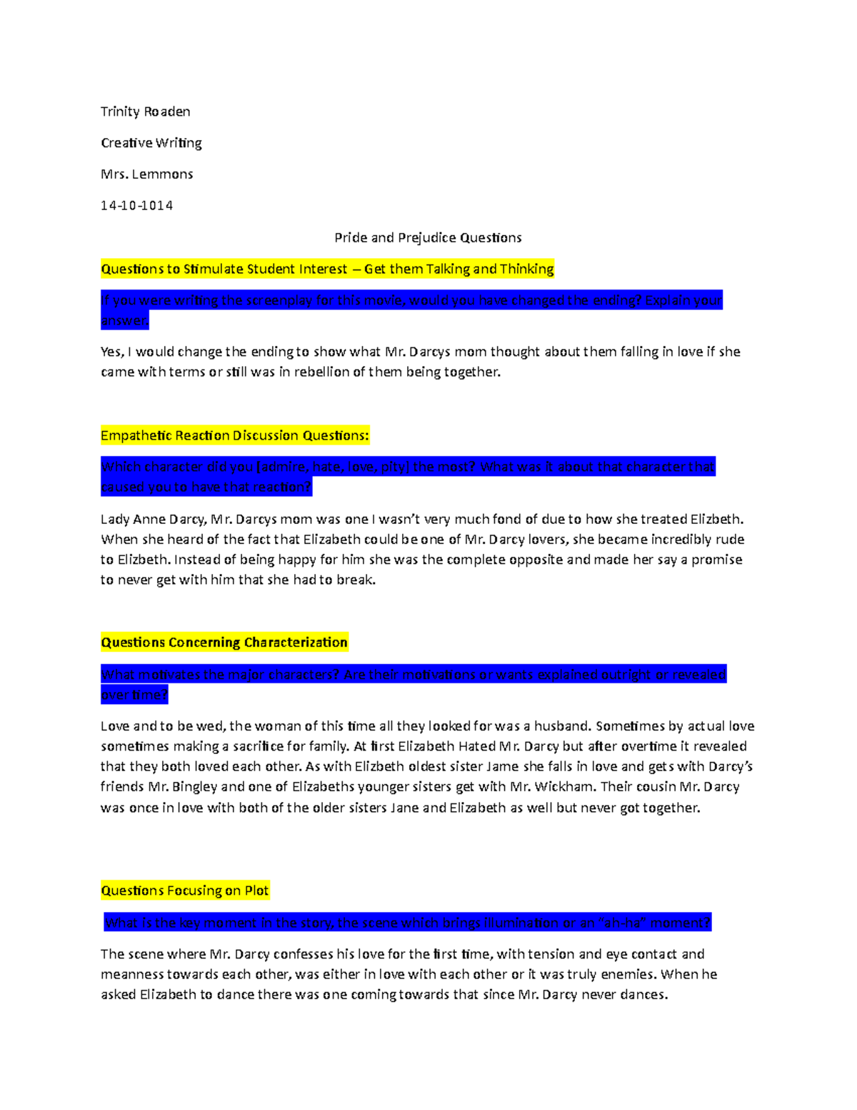 Pride and Prejudice - Trinity Roaden Creative Writing Mrs. Lemmons 14 ...