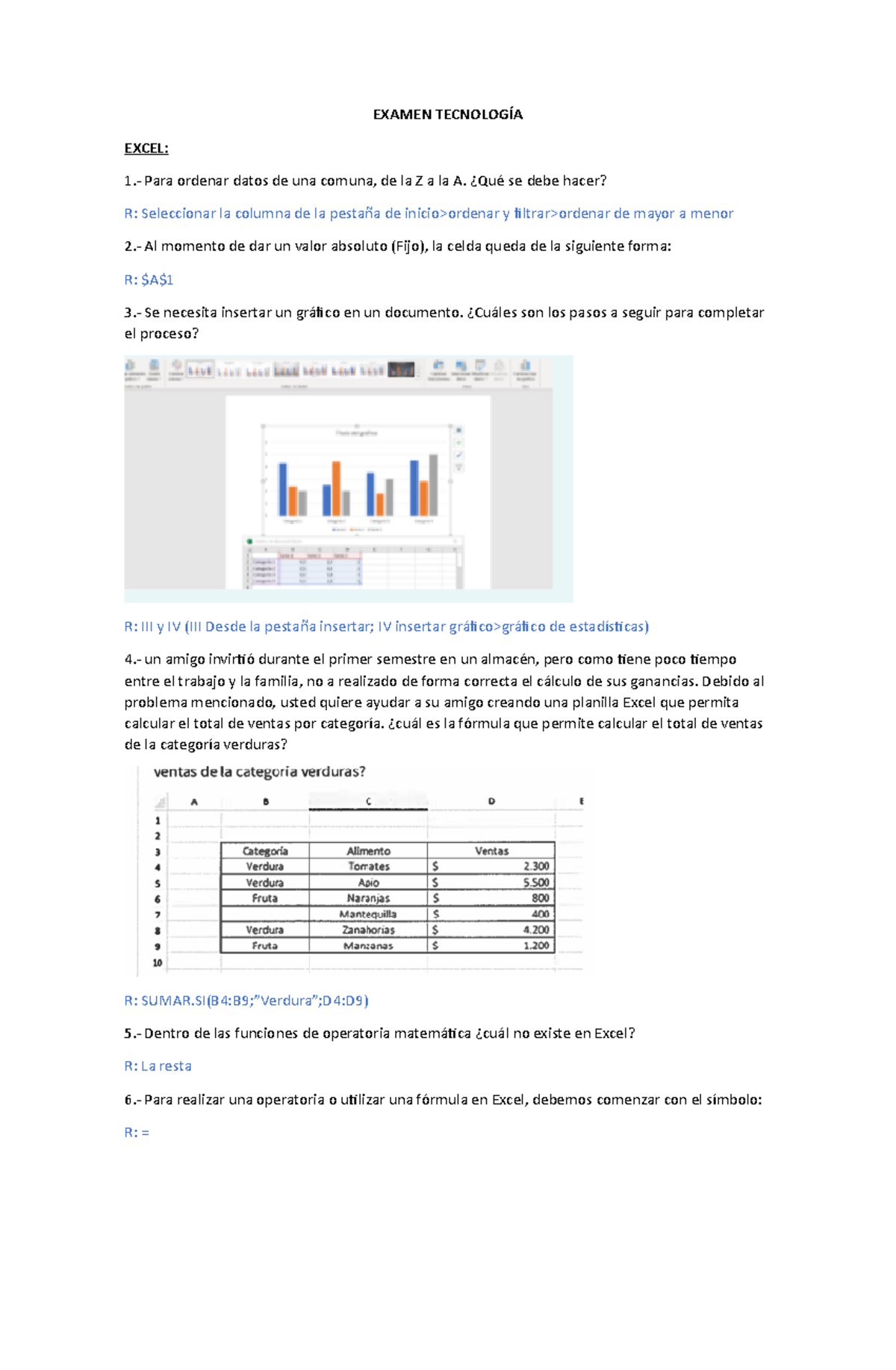 Examen Tecnología - Prueba - EXAMEN TECNOLOGÍA EXCEL: 1.- Para ordenar ...