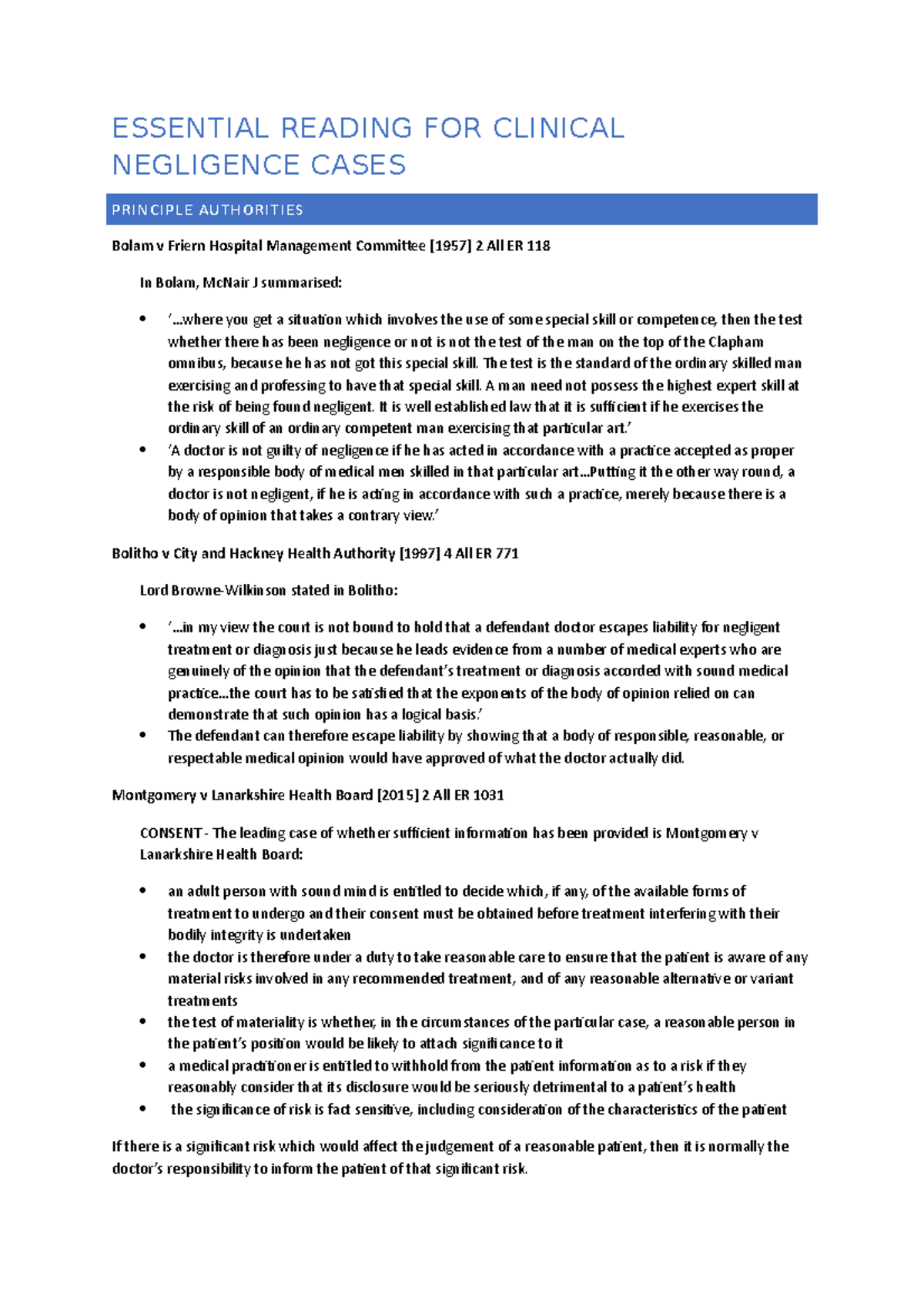 Medlaw case summaries - Summary of key medical law cases - ESSENTIAL ...