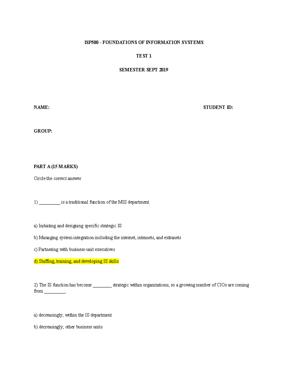 ISP500 - practice test 2 - ISP500 - FOUNDATIONS OF INFORMATION SYSTEMS ...