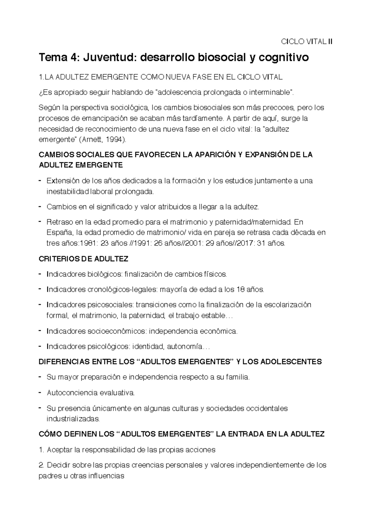 T.4 Ciclo Vital - Juventud, desarrollo biosocial y cognitivo. - CICLO VITAL II Tema 4: Juventud ...
