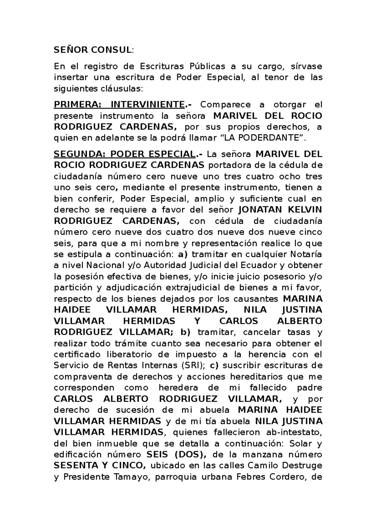 Minuta Consulado. Poder Especial - SEÑOR CONSUL: En el registro de ...