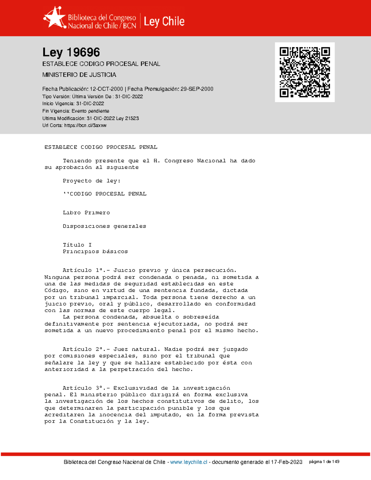 LEY-19696 12-OCT-2000 - Ley 19696 ESTABLECE CODIGO PROCESAL PENAL ...