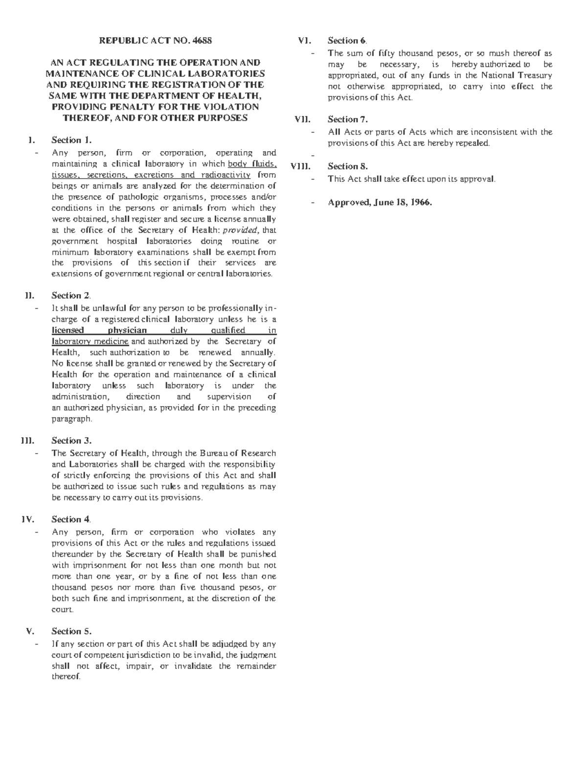 RA 4688 Clinical Laboratory Law (Medical Technology Laws and Bioethics) - REPUBLIC ACT NO. 4688 ...