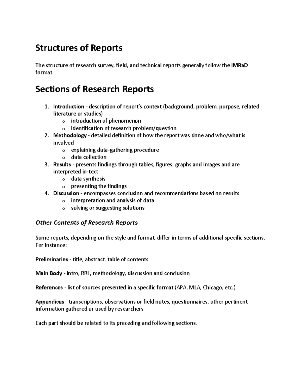 Structures of Reports - Sections of Research Reports Introduction ...