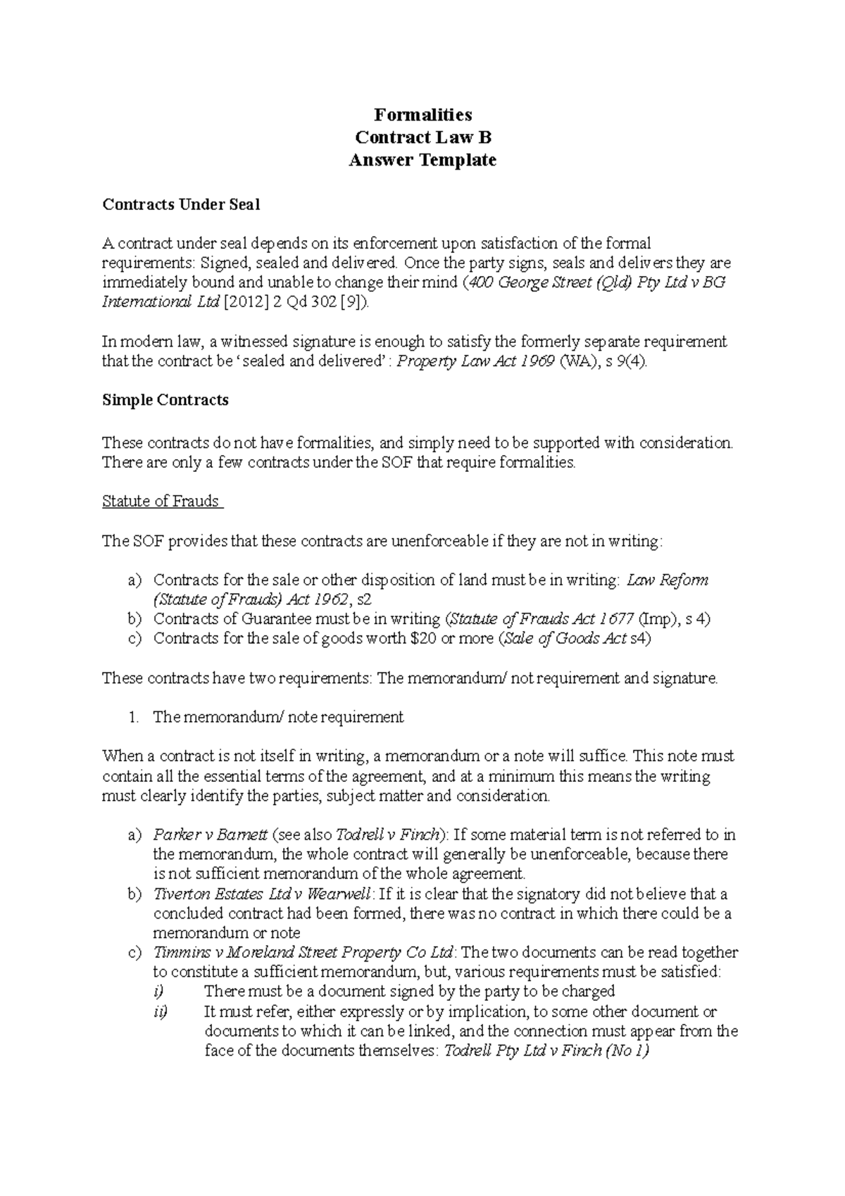 Formalities Answer Template - Formalities Contract Law B Answer ...