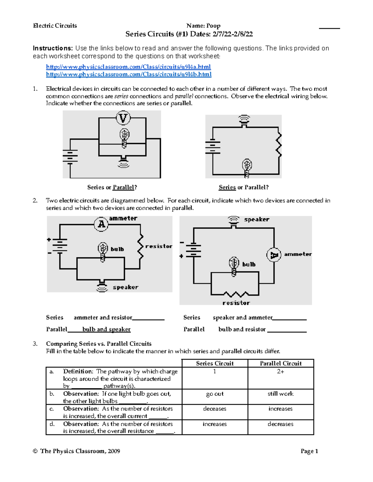 Circuits Worksheet With Answers