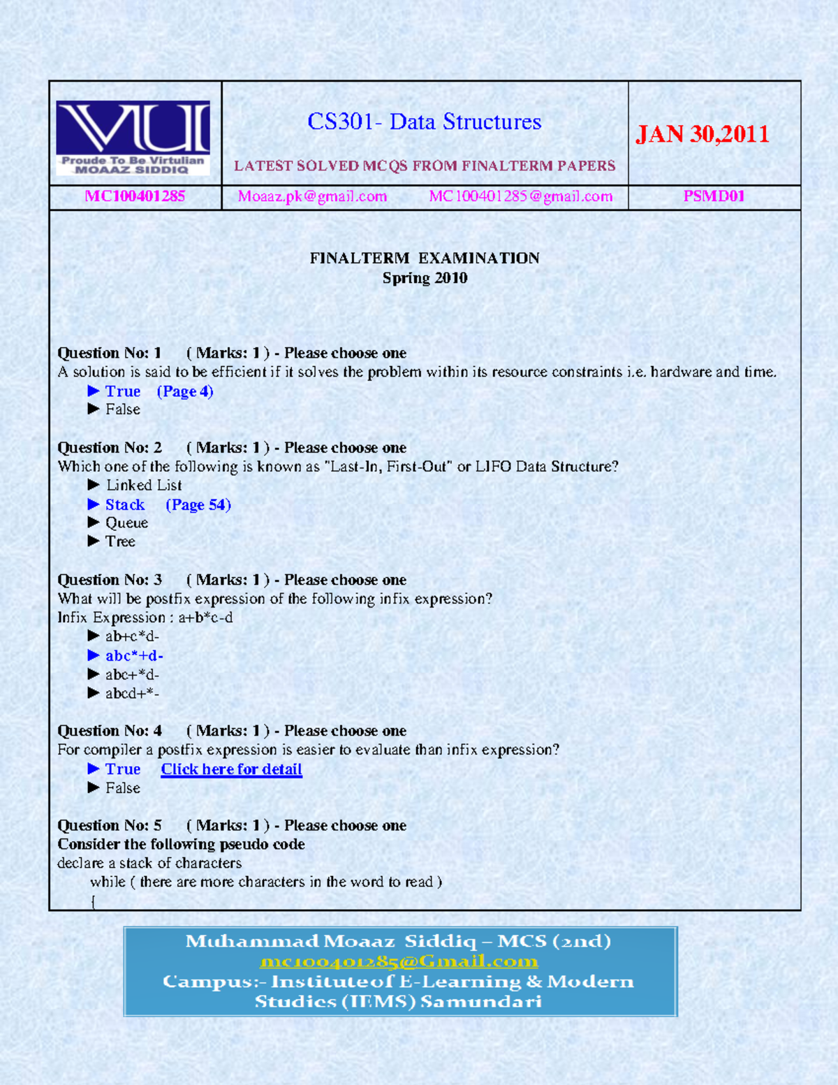 CS301 Finalterm Solved MCQS WITH References BY Moaaz - CS301- Data ...