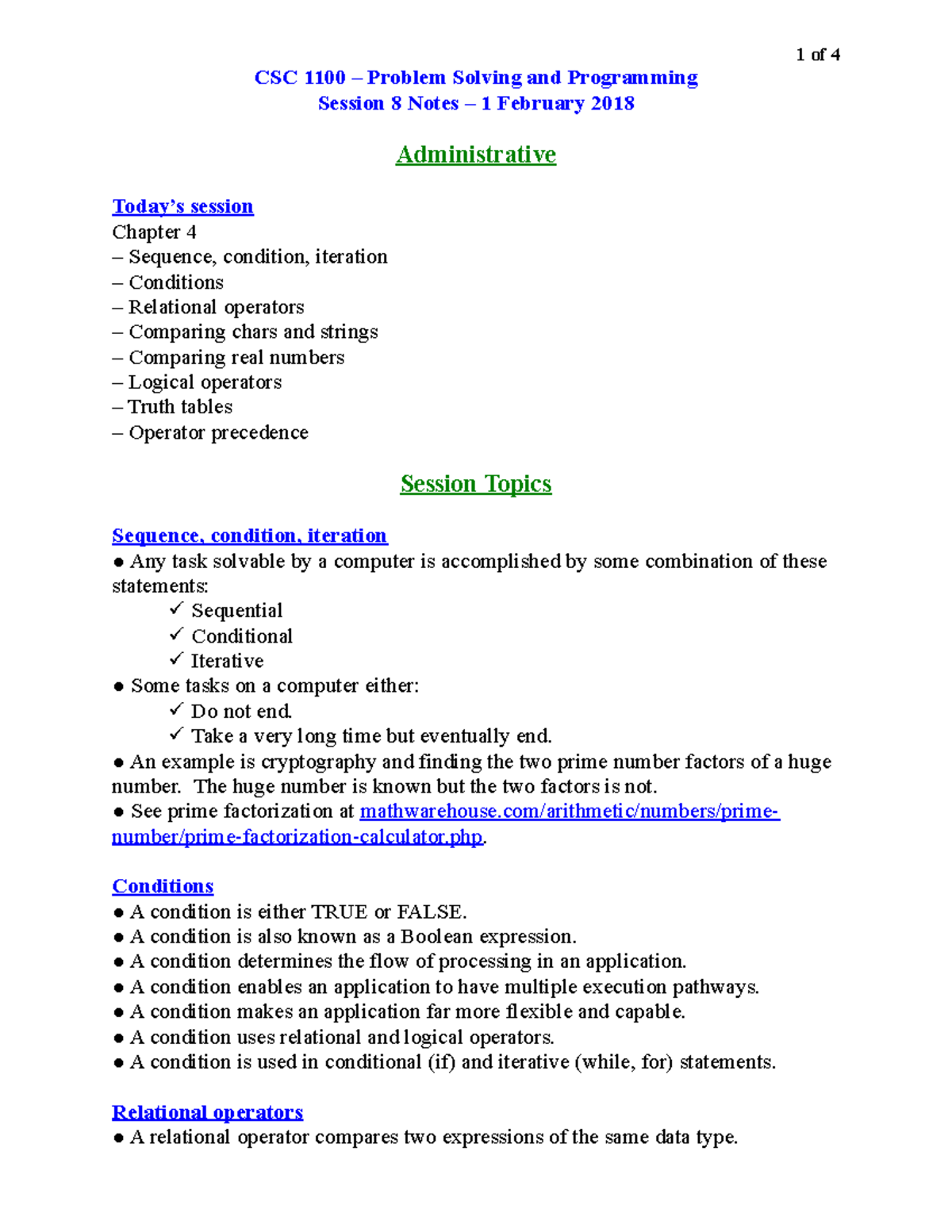 CSC1100 Dan O Session 08Notes 2018 0201 - 1 of 4 CSC 1100 Problem ...