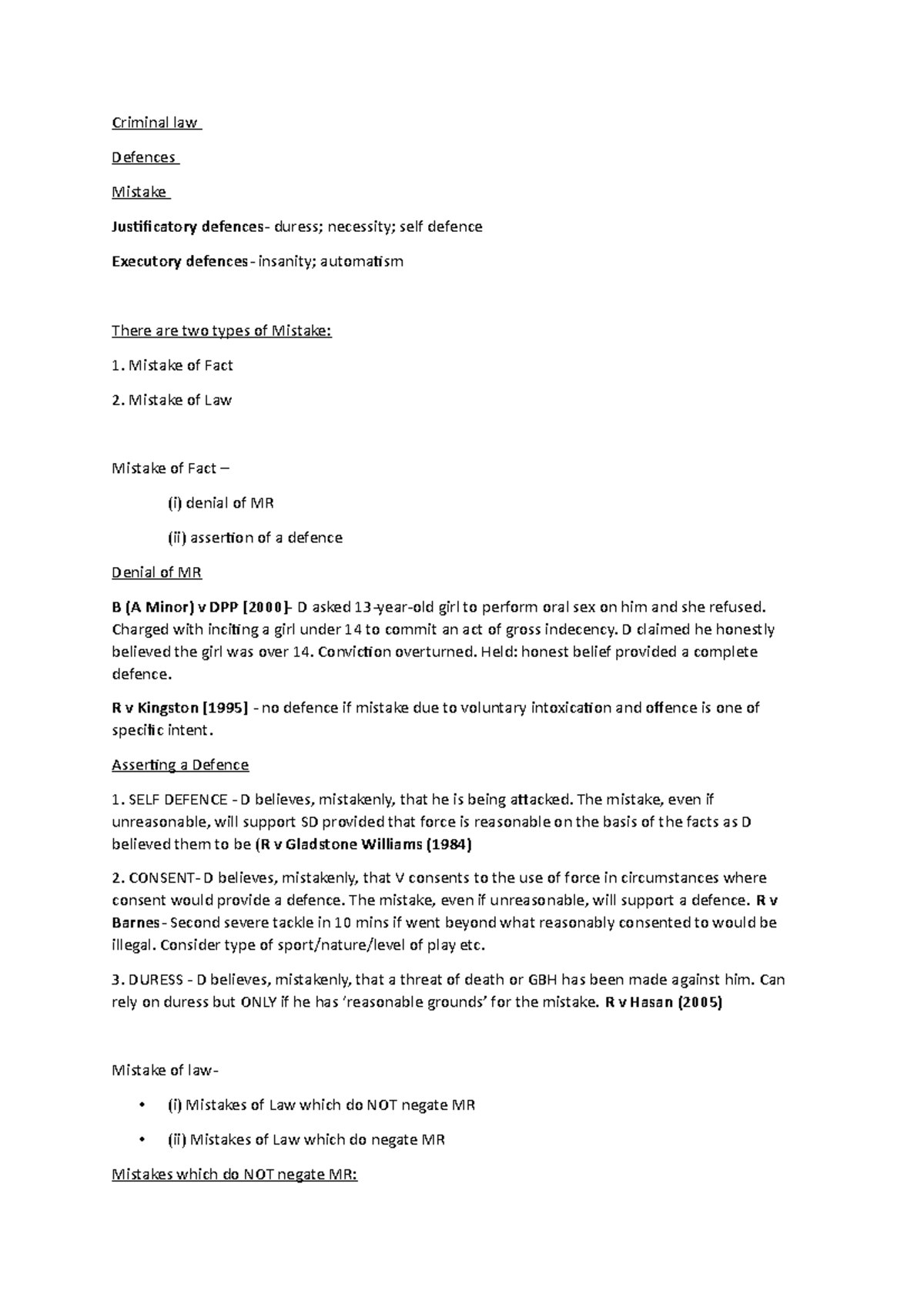 Defence of mistake notes - Criminal law Defences Mistake Justificatory ...