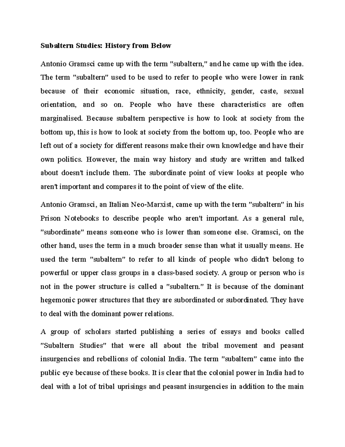 Subaltern Studies - Lecture notes 1 - Subaltern Studies: History from ...