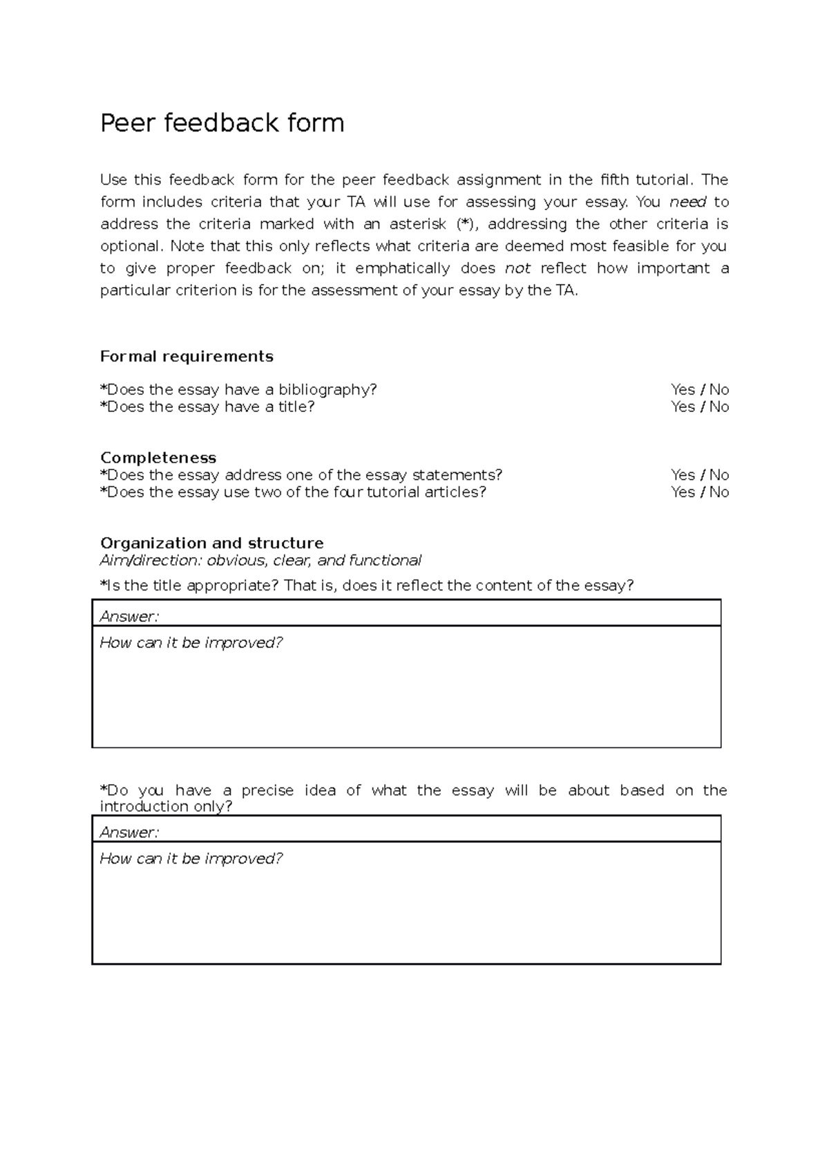 Peer Feedback Form Peer Feedback Form Use This Feedback Form For The