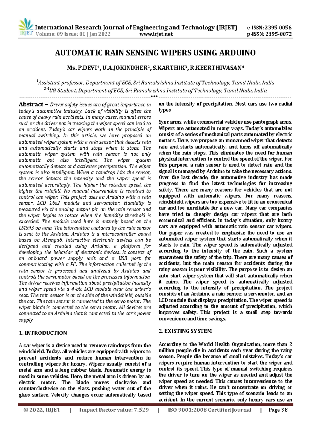 Automatic RAIN Sensing Wipers Using ARDU - Volume: 09 Issue: 01 | Jan ...