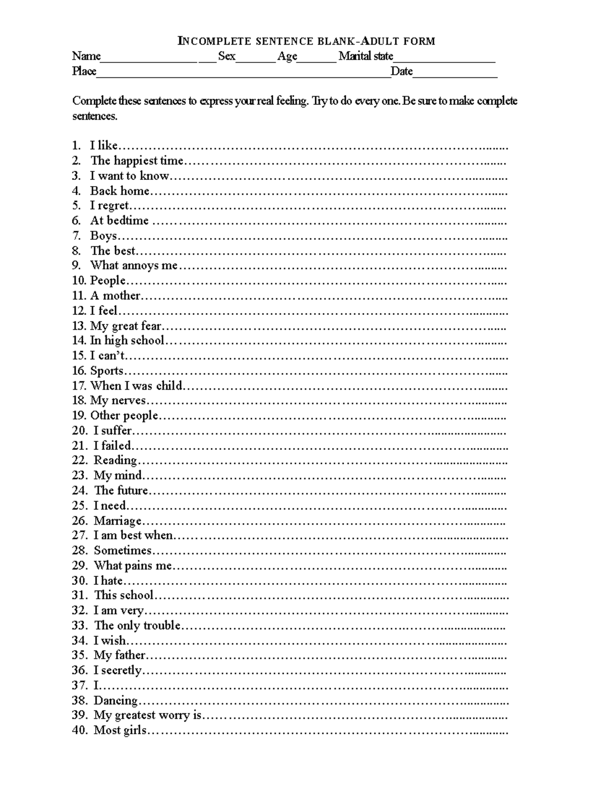 RISB-1 english format - INCOMPLETE SENTENCE BLANK-ADULT FORM Name ...