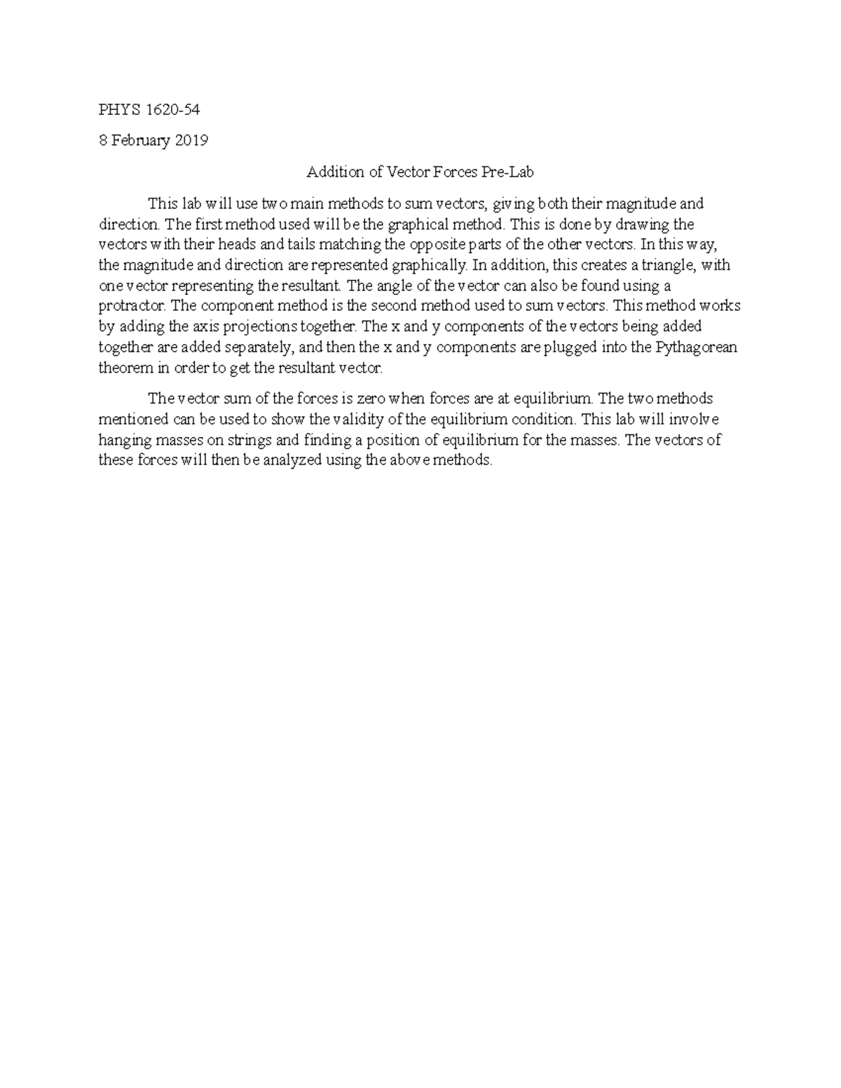 Addition of Vector Forces Pre-Lab - PHYS 1620- 8 February 2019 Addition ...