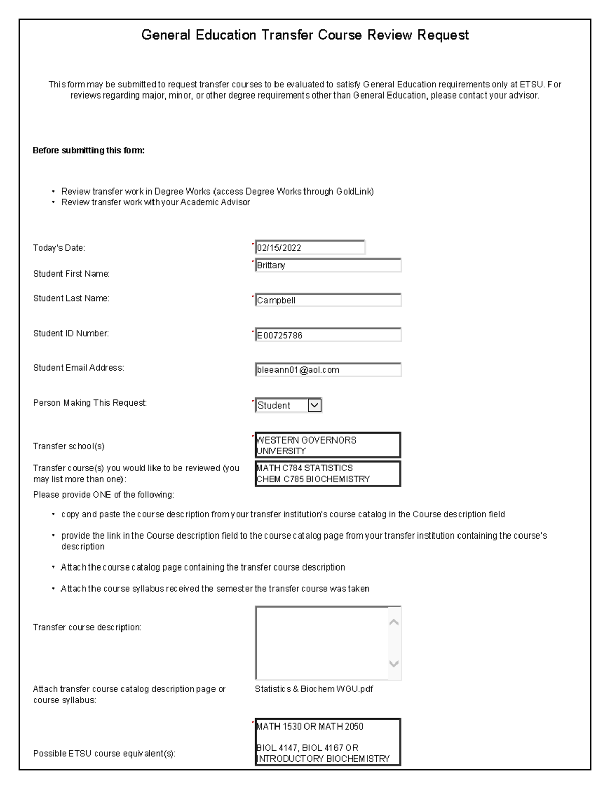 WGU STAT AND Biochem FOR ETSU - General Education Transfer Course ...