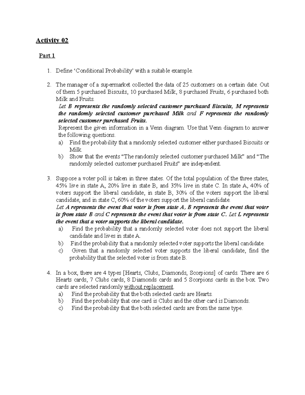 Maths activity - Activity 02 Part 1 Define ‘Conditional Probability ...