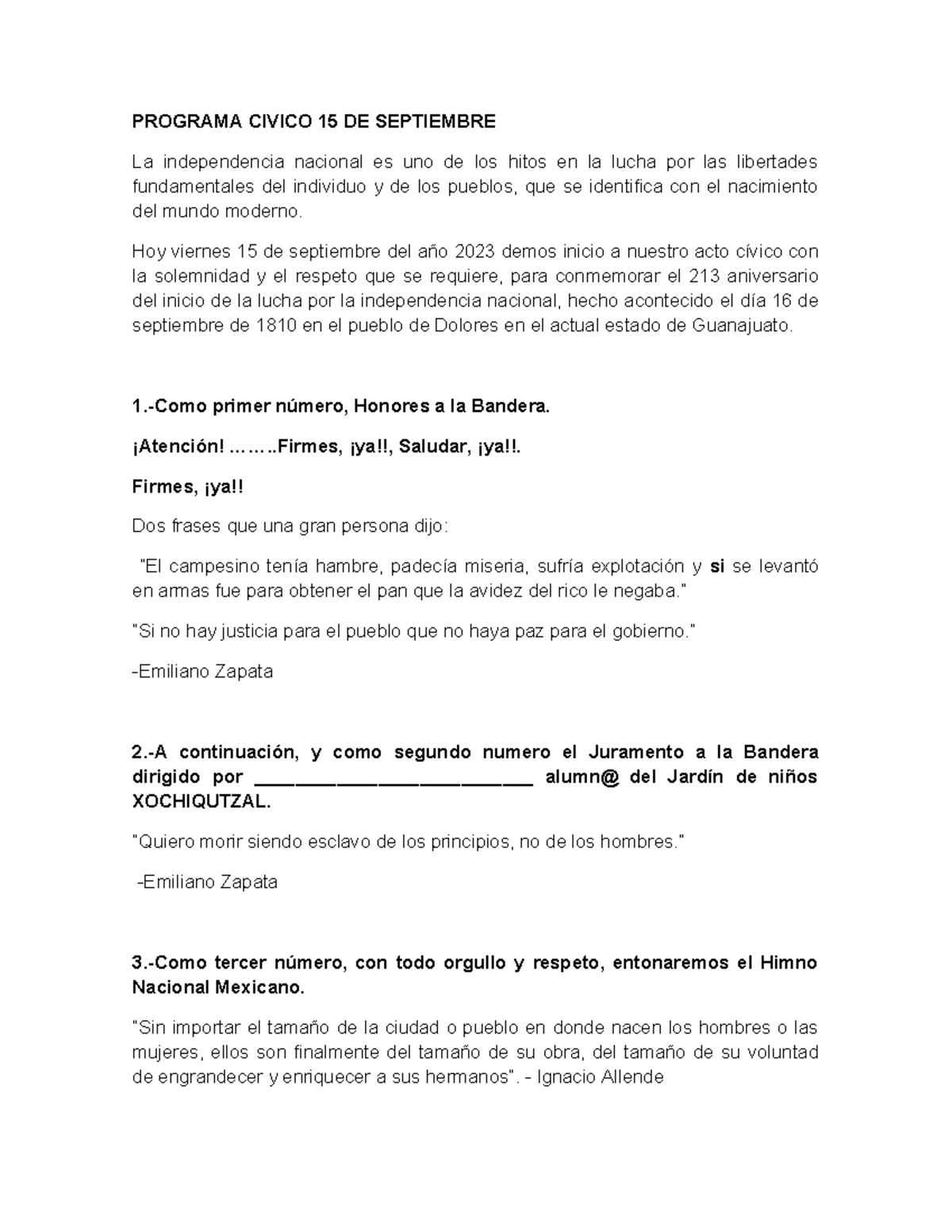 ACTO Civico 15 DE Septiembre - PROGRAMA CIVICO 15 DE SEPTIEMBRE La ...