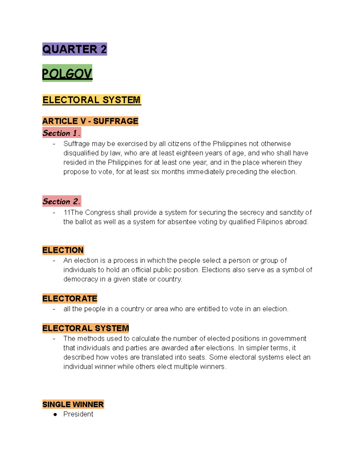 (3) Polgov Q2 - Reviewer - QUARTER 2 POLGOV ELECTORAL SYSTEM ARTICLE V ...