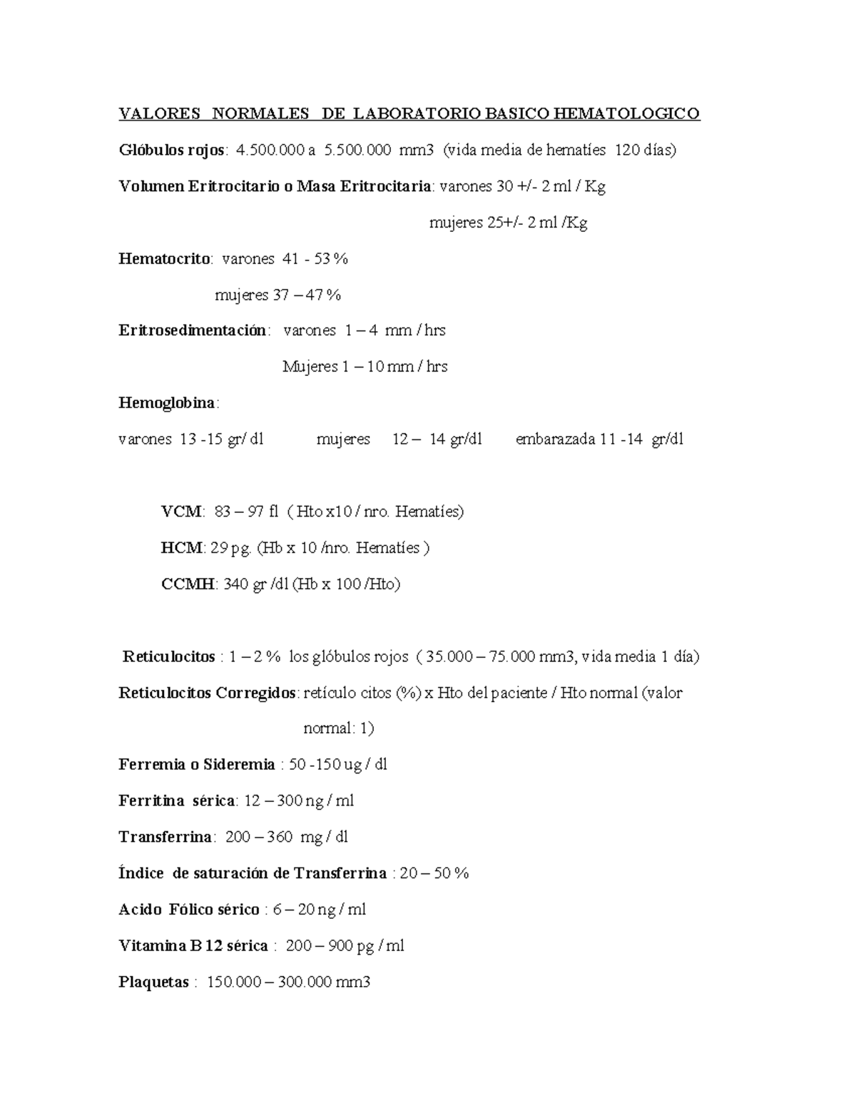 Valores Normales DE Laboratorio Basico Hematologico - VALORES NORMALES ...