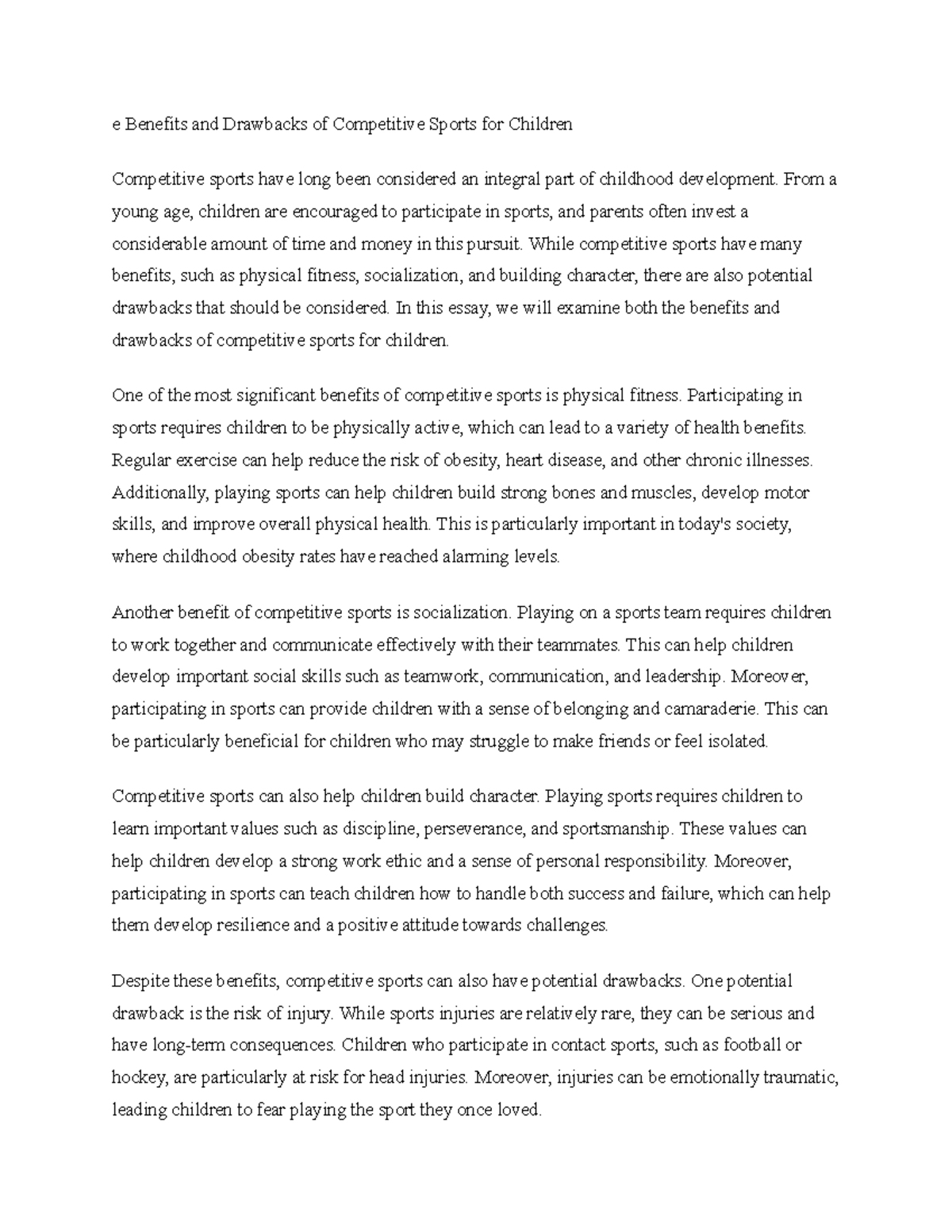 Title The Benefits and Drawbacks of Competitive Sports for Children - e ...
