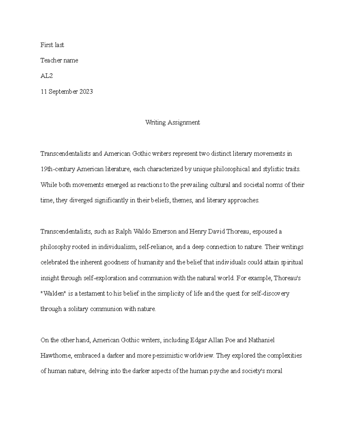Writing assignment al2 - First last Teacher name AL 11 September 2023 ...