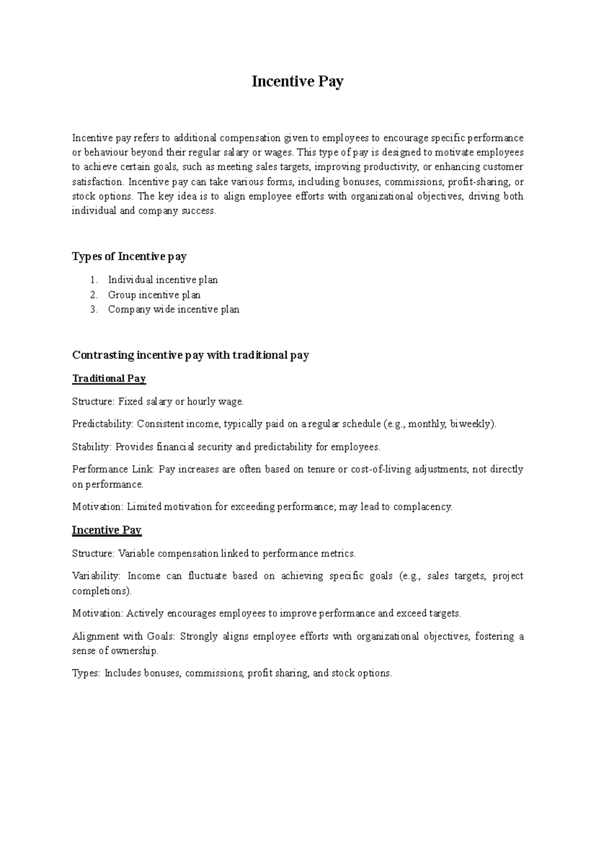 Assignment MBA(compensation mgt) - Incentive Pay Incentive pay refers ...
